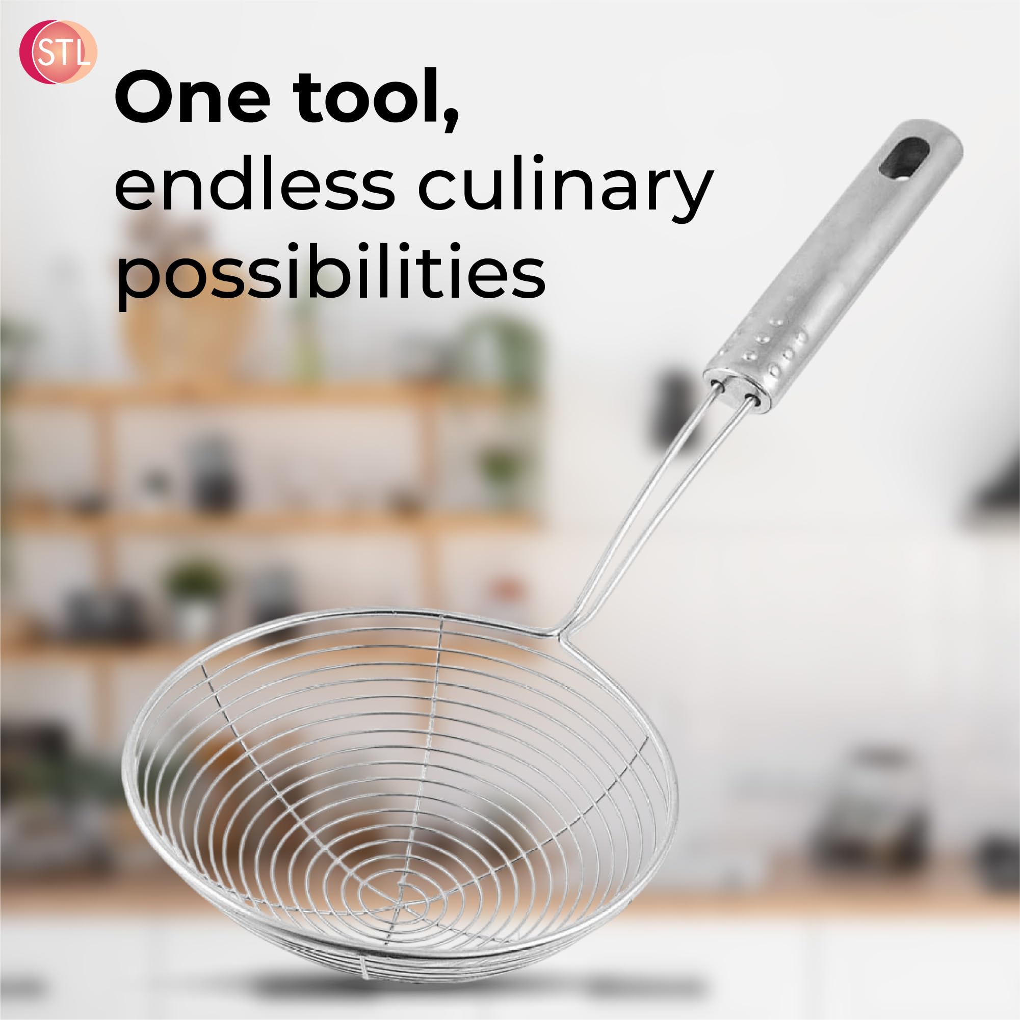STL Steel Strainer Skimmer Ladle with Ergonomic Handle, Spider Mesh Fi ...